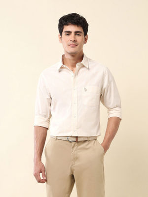 Buy U.S. POLO ASSN. Men Beige Stripes Formal Shirt (L) Online