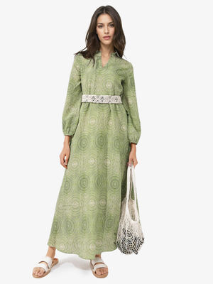 Buy RAREISM Bledel Pastel Green Printed Maxi Dress and Belt (Set of 2 ...