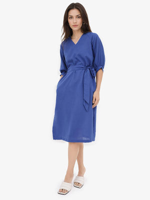 Buy RAREISM Womens Elarat Dark Blue A-Line Midi Dress with Belt (Set of ...