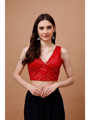 Buy Tikhi Imli Red Dupion Embroidered V-Neck Blouse Online