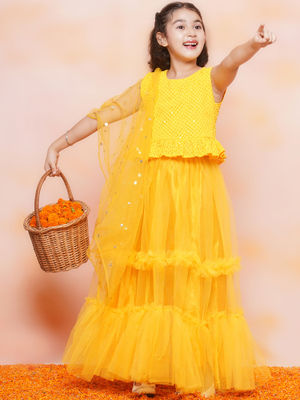 Buy AJ Dezines Kids Chiefly Yellow Lehenga With Choli & Dupatta For ...
