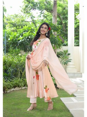 Hatheli Anarkali Set : Buy Hatheli Peach Hand Painted Satin Anarkali ...