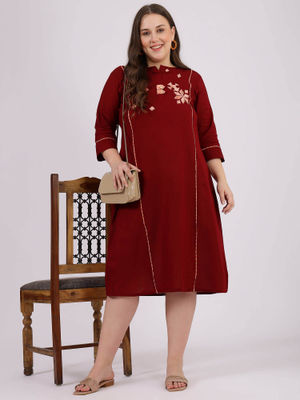 Buy Curvy Lane Plus Size Maroon Embroidered Cotton A-Line Dress (L) Online