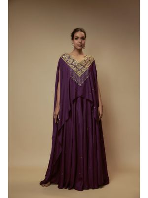 Buy KEITH GOMES Purple Silk Flare Palazzo With Cape Top And Slip (Set ...