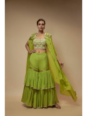Buy KEITH GOMES Green Silk Organza Cape With Blouse And Sharara (Set of ...