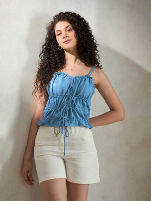 Buy Virgio Blue Viscose Linen Cami Top (XS) Online