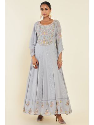 Buy Soch Women Grey Georgette Embroidered Anarkali With Churidar And ...