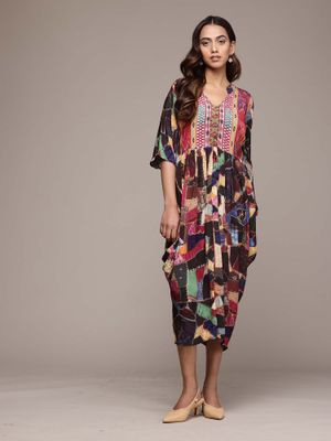 Buy Ritu Kumar Brown Velvet Patchwork Kaftan Dress (L) Online