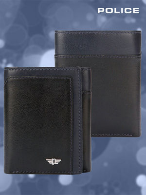 Buy Police Mens Navy Blue & Black Genuine Leather Tri Fold Coin Wallet ...
