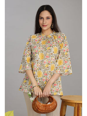 Buy BulBul Women Mandarin Collar Yellow Floral Printed Top (M) Online