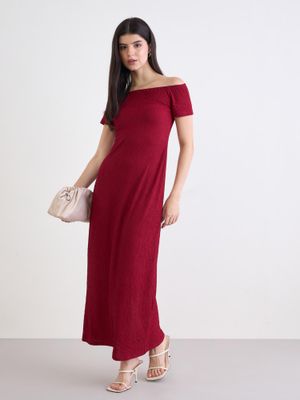 Buy Styli Womens Maroon Off Shoulder Knitted Maxi Dress (S) Online