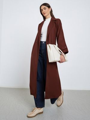 Buy Styli Womens Rust Regular Fit Maxi Length Wool Like Belted Coat (XS ...