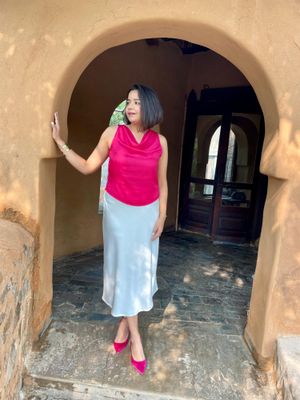 Buy Label Tanvee Satin Pink Contrast Top with Skirt (Set of 2) (S) Online
