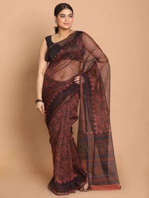 Buy Indethnic Rust & Black Printed Cotton Blend Saree with Unstitched ...