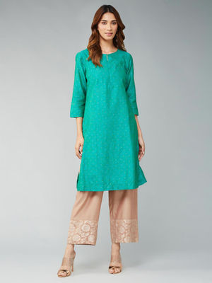 Buy Fabindia Green Cotton Silk Printed Knee Length Kurta Online
