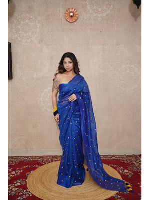 Buy The Raksha Store Pranaya-Navy Blue Tikli Work Saree with Unstitched ...