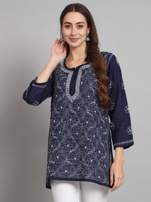 Buy PARAMOUNT CHIKAN Women's Navy Blue Hand Embroidered Lucknowi ...