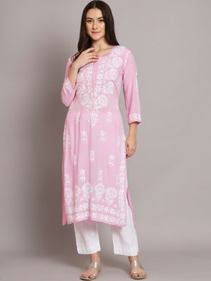 Buy PARAMOUNT CHIKAN Women's Pink Hand Embroidered Chikankari Cotton ...