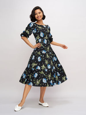 Buy Aask Womens Black Printed Delta Crush Tiered Calf Length Dress (S ...