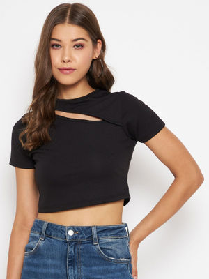 Buy Uptownie Stretchable Polyester Front Slit Crop Top Black Online