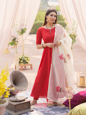 Buy Aachho Garnet Red Organza Hand painted Suit Set (Set of 3) online