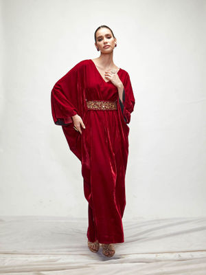 Buy Ranian Maroon Velvet Kaftan Dress with Belt (Set of 2) (XS) Online