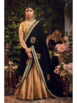 Buy Ranian Oxidized Gold Lehenga and Blouse with Green Velvet Dupatta ...