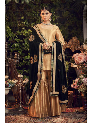 Buy Ranian Oxidized Gold Sharara with Kurti and Green Velvet Dupatta ...