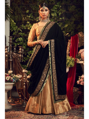 Buy Ranian Oxidized Gold Lehenga and Blouse with Green Velvet Dupatta ...
