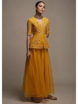 Buy KALKI FASHION Dark Amber Yellow Palazzo Zari Suit (Set of 2) Online