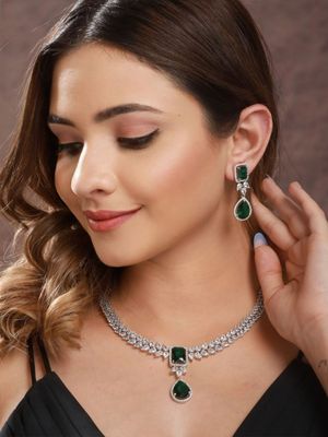 Buy Saraf RS Jewellery Silver Plated Green Zircon Minimal Necklace ...
