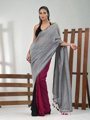 Buy CHARUKRITI Women Grey Pure Cotton Colorblock Saree with Unstitched ...