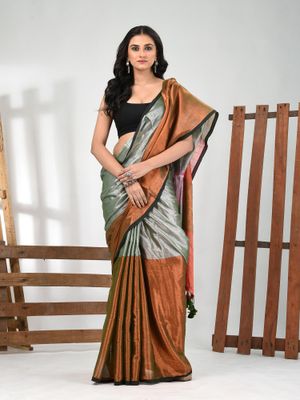 Buy CHARUKRITI Women Grey Tissue Colorblock Saree with Unstitched ...
