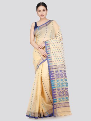 Buy PinkLoom Women's Soft Cotton Jamdani Saree without Blouse Piece Beige Online