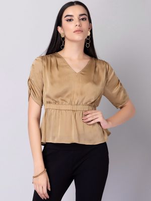 Buy FabAlley Beige Textured Peplum Top Online