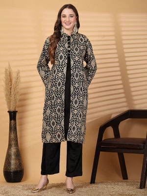 Buy Gahan Velvet Heavy Embroidered Black Front Open Long Jacket with ...