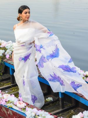 Aachho Sarees : Buy Aachho Quetzal Blue Embellished Handpainted ...