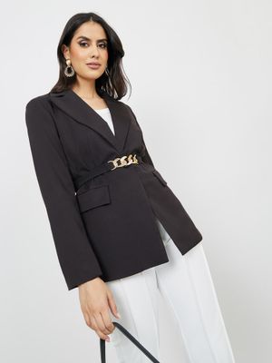 Buy Styli Black Regular Length Chain Accent Belted Blazer (Set of 2) Online