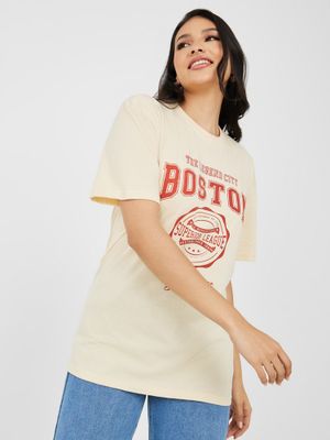 Buy Styli Cream Oversized Boston Graphic Print Longline T-Shirt online