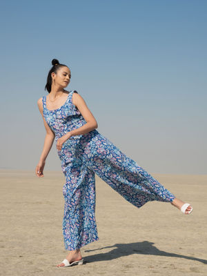 Buy MARCHE Blue Lagoon Hand Block Printed Cotton Jumpsuit Online