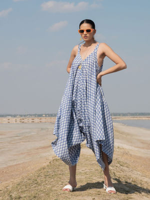 Buy MARCHE Blue Lotus Cotton Hand Block Printed Drape Jumpsuit Online