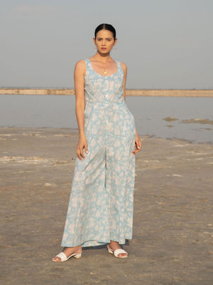 Buy MARCHE Blue Lilies Hand Block Printed Cotton Jumpsuit Online