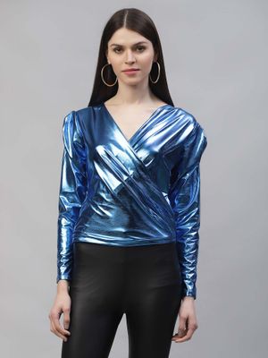 Buy AAREIN Blue Toned Puff Sleeves Sheen Wrap Top (XS) Online