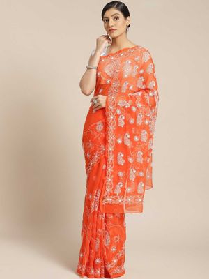 Buy Ada Orange Embroidered Saree with Unstitched Blouse (A250039) Online