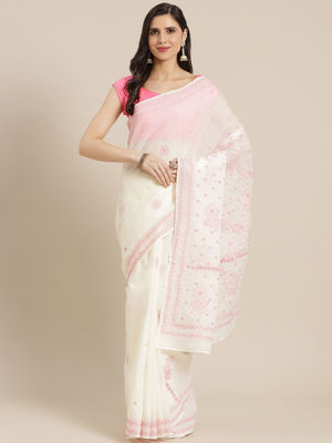 Buy ADA Hand Embroidered Cream Cotton Lucknow Chikan Saree with ...