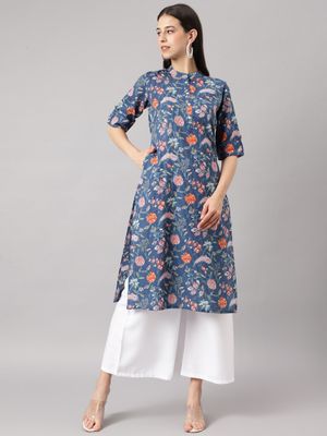 Buy Divena Blue and Orange Cotton Katha Work Straight Kurta Online