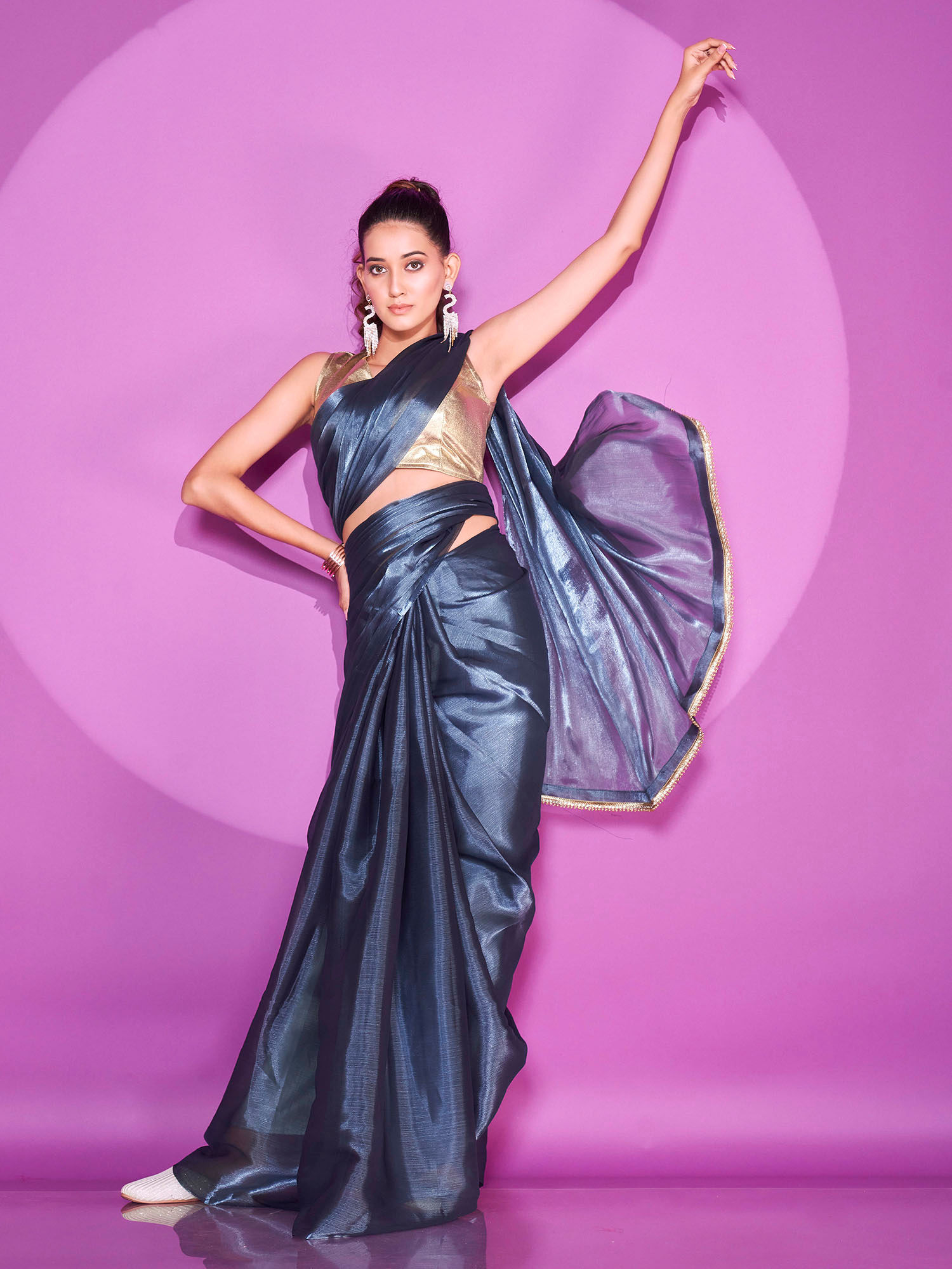 Buy Tikhi Imli Metallic Blue Colour Organza Saree with Stitched Blouse ...