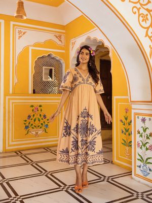 Buy CUSTARD Beige Embroidered Dress for Women (S) Online