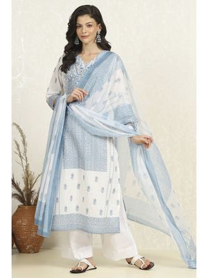 Buy Biba Women White-Blue Cotton Unstitched Kurta with Bottom and ...