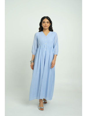 Buy Cyan Embroidered Pinstripe Blue Dress (XS) Online